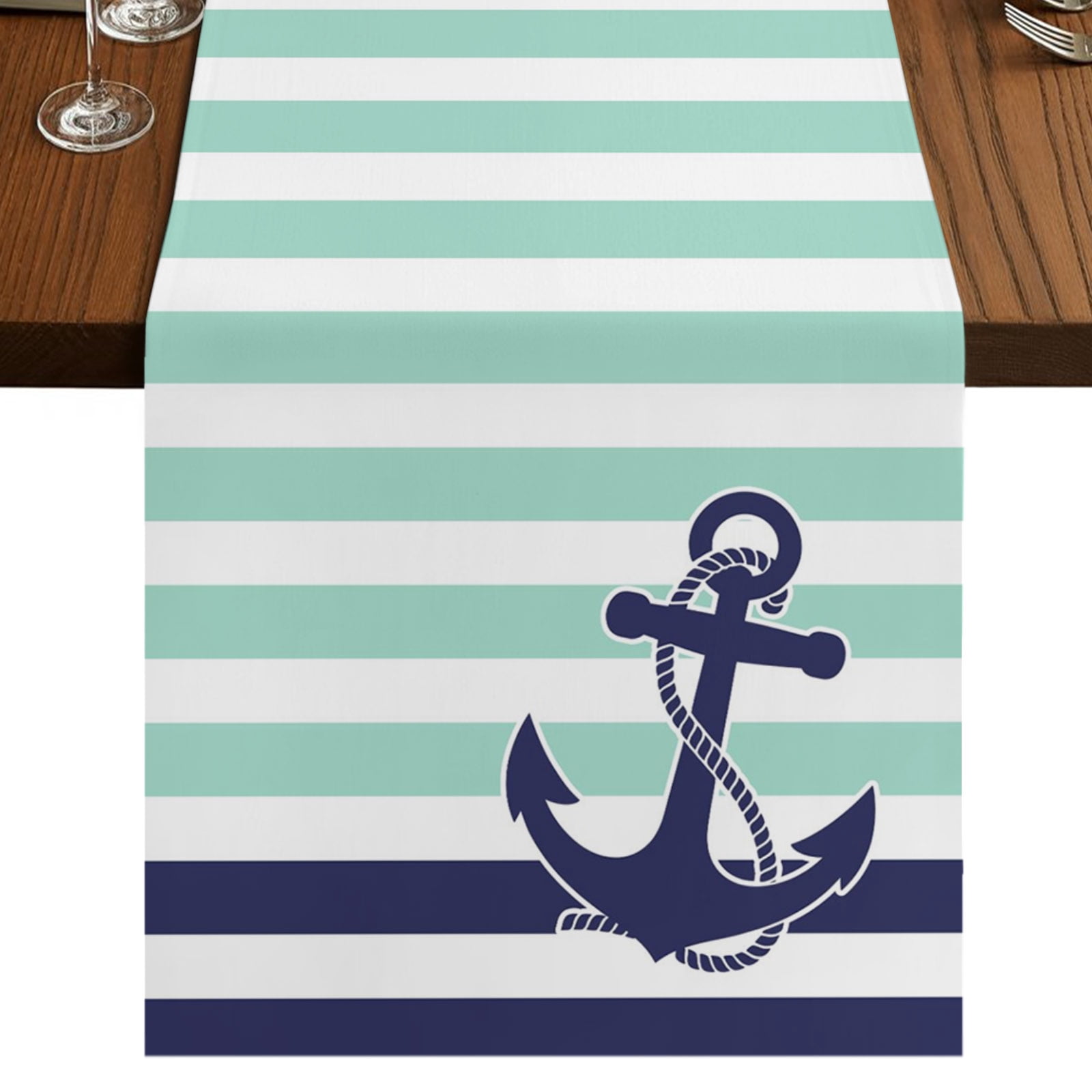 Blue Anchor Table Runner 72 Inches Long, Costal Mint Green White ...