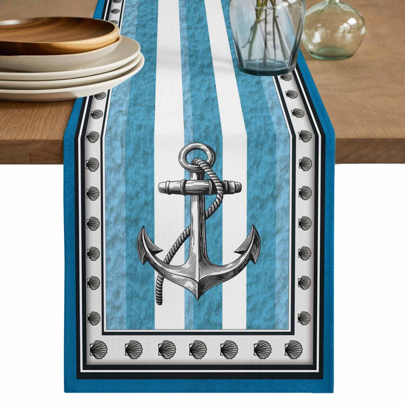 Blue Anchor Table Runner 72 Inches, Nautical Summer Beach Coastal Ocean ...