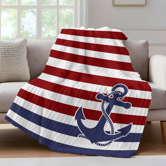 Blue Anchor Throw Blanket for Couch Costal Red White Blue Stripes ...