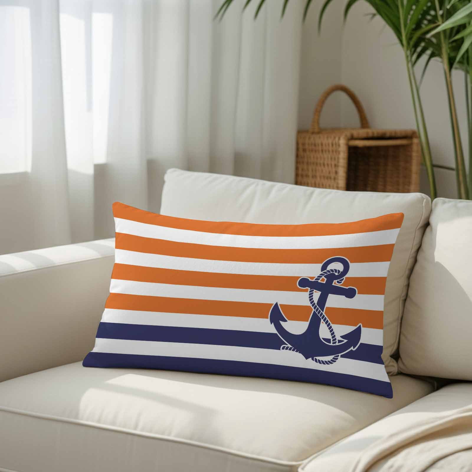 Blue Anchor Throw Pillow Covers, Costal Orange White Blue Stripes ...