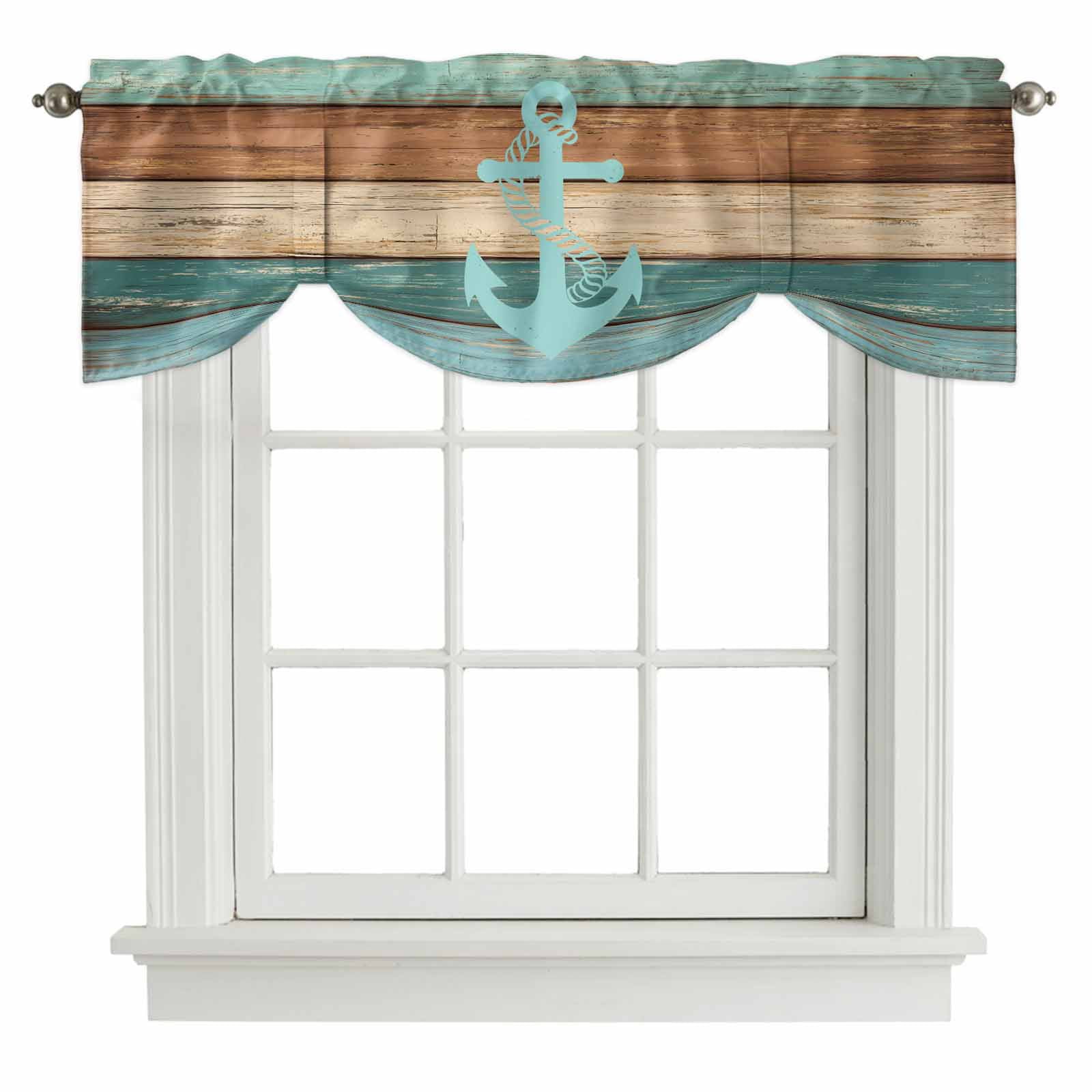 Blue Anchor Tie Up Window Valance Turquoise Brown Wood Grain Retro ...
