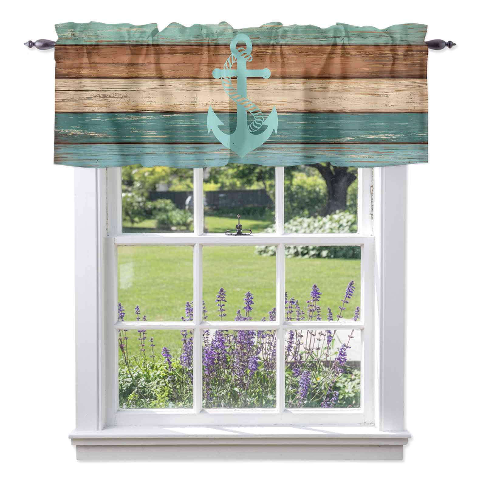 Blue Anchor Valance Curtain Turquoise Brown Wood Grain Window Valances ...
