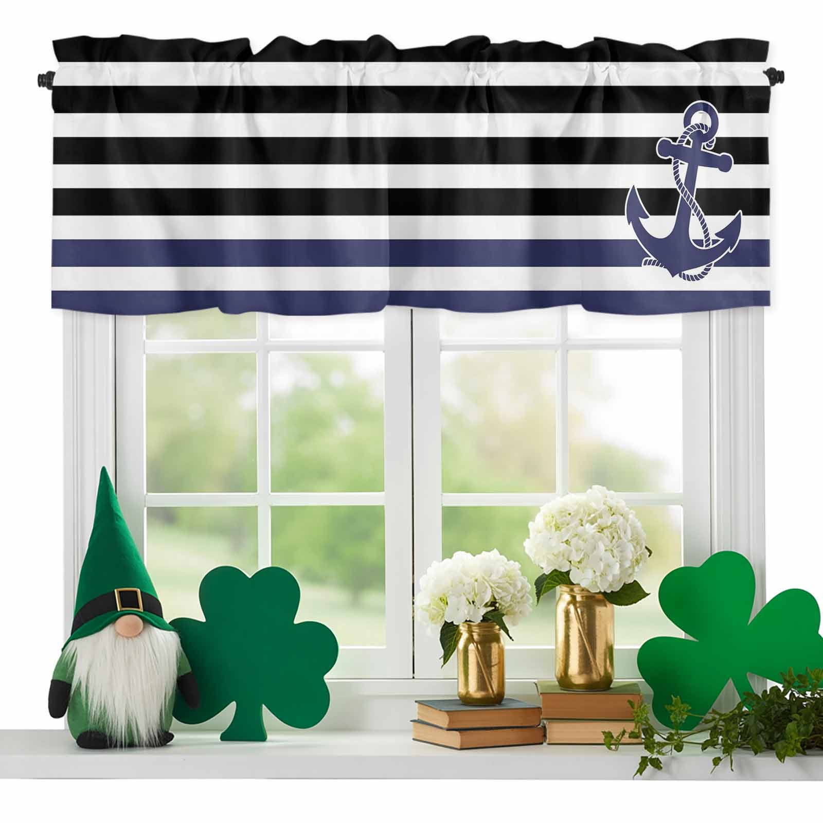 Blue Anchor Valances for Windows, Costal Black White Blue Stripes ...