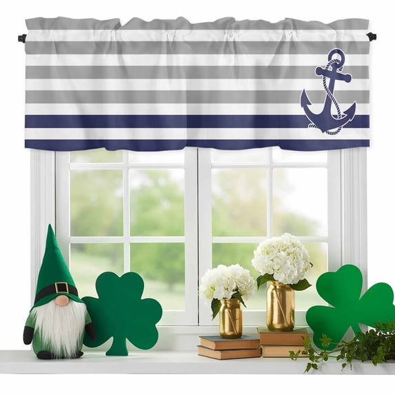 Blue Anchor Valances for Windows, Costal Grey White Blue Stripes ...