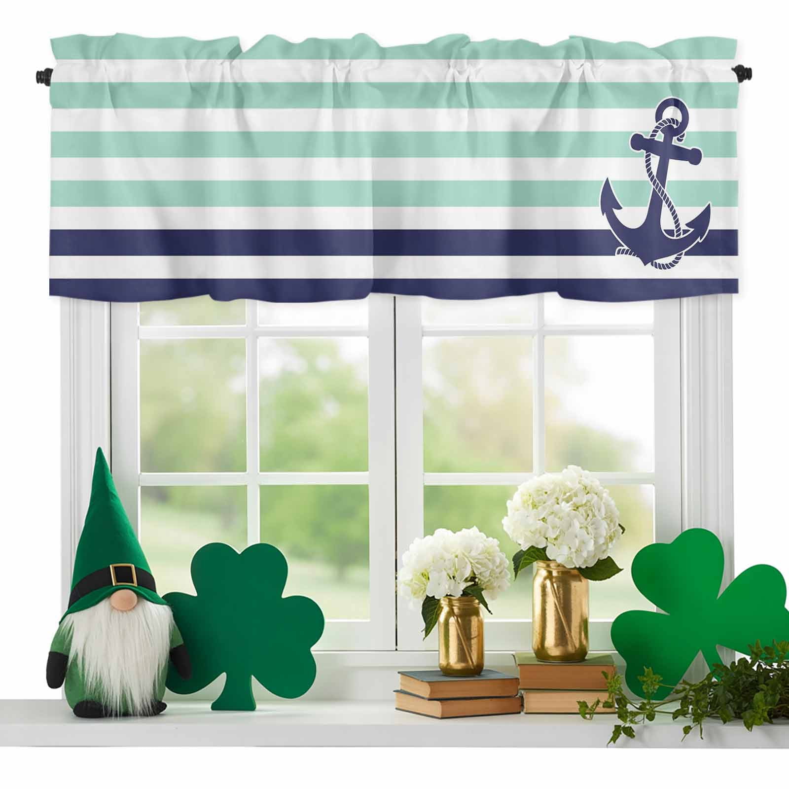 Blue Anchor Valances for Windows, Costal Mint Green White Stripes ...