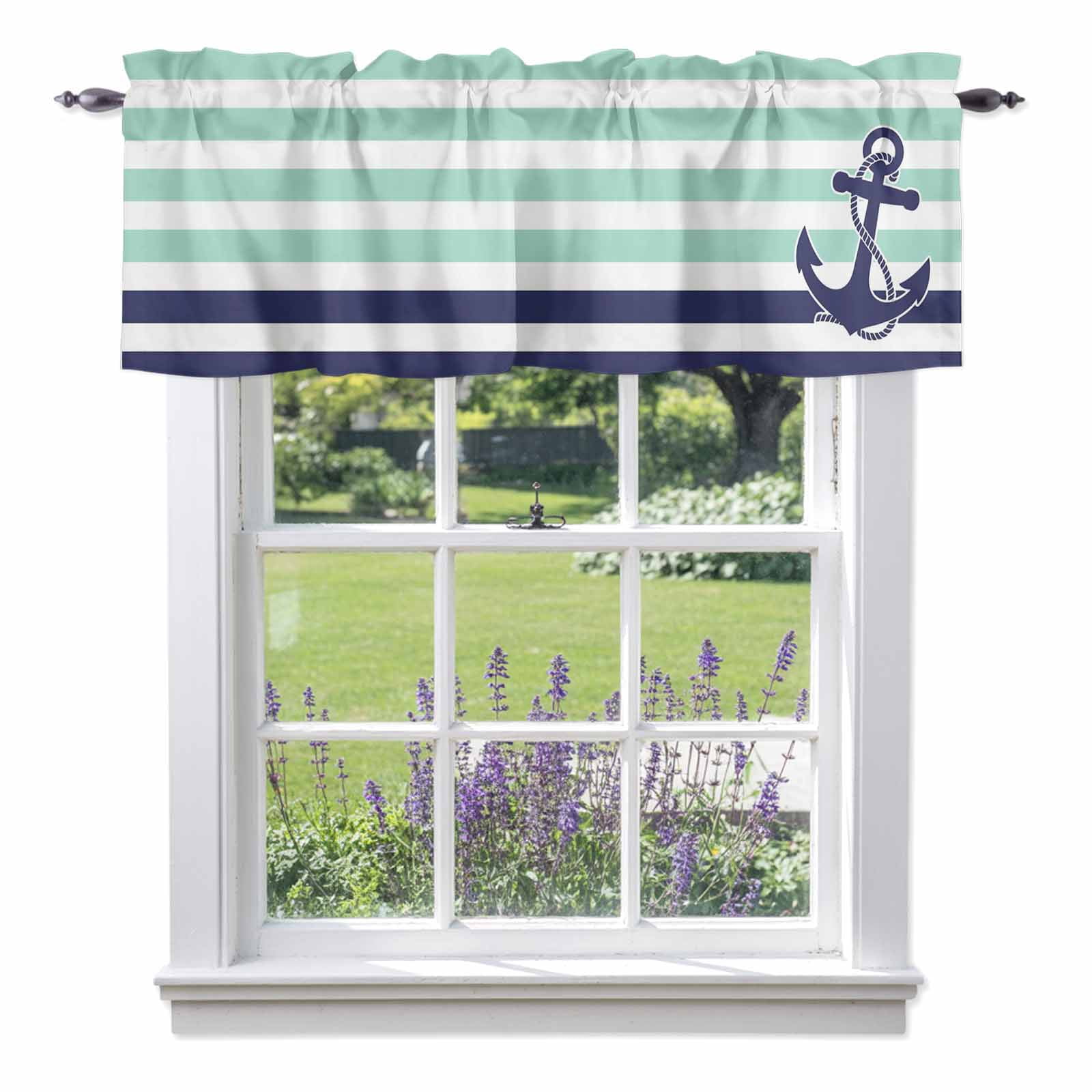 Blue Anchor Valances for Windows, Costal Mint Green White Stripes ...