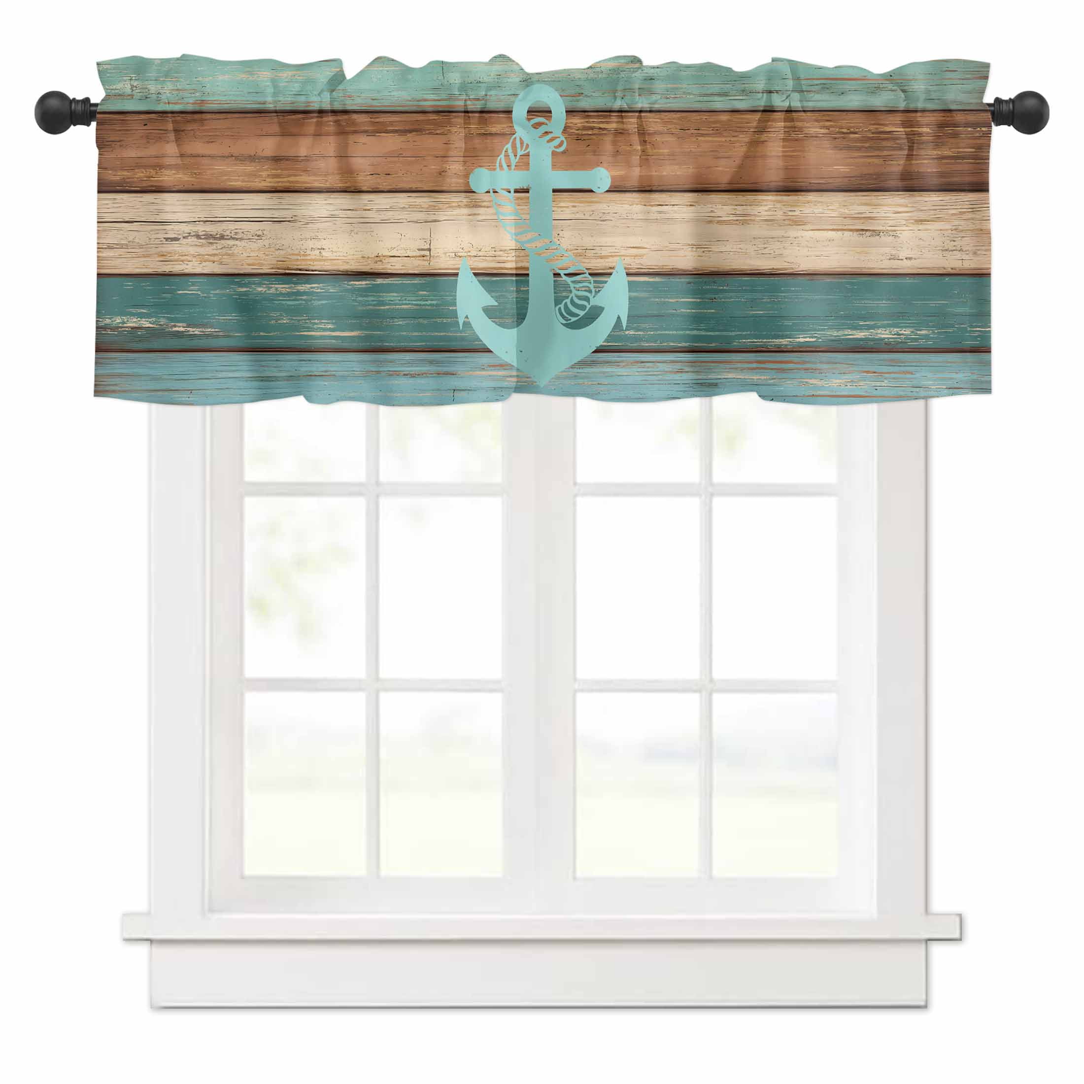 Blue Anchor Valances for Windows Turquoise Brown Wood Grain Rod Pocket ...