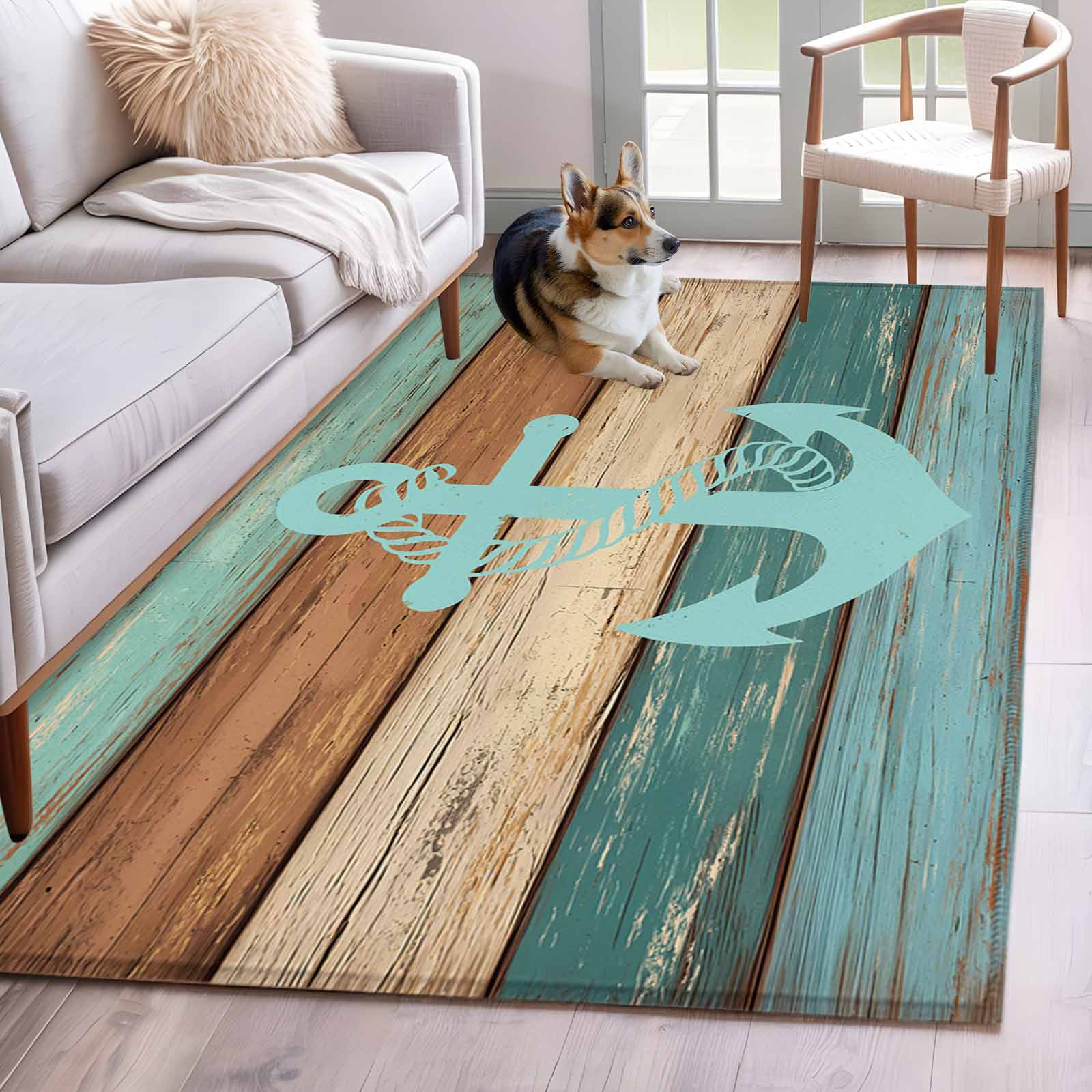 Blue Anchor Washable Area Rug 4x6 Turquoise Brown Wood Grain Retro ...