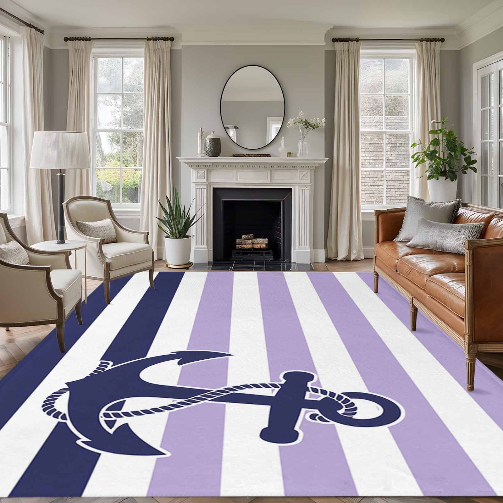 Blue Anchor Washable Living Room Rugs 8'x10', Costal Purple White Blue ...