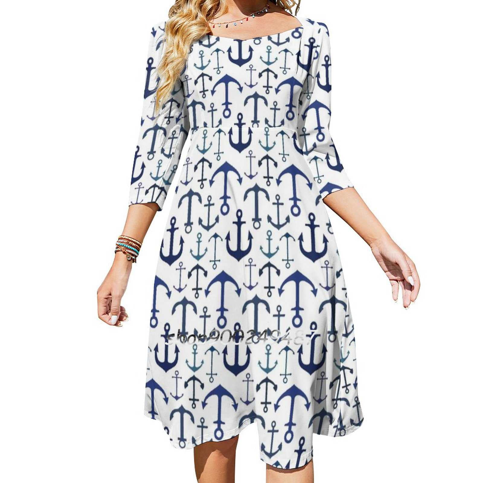 Blue Anchors Square Neck Dress Sweet Summer Dress Women Elegant Halter ...