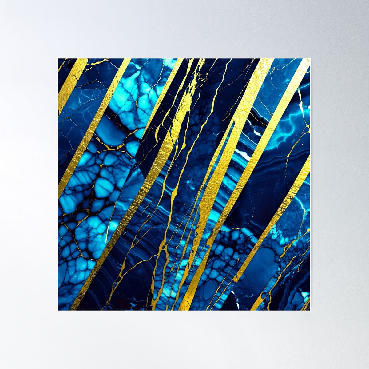Blue And Aqua Marbled Art With Golden Streaks Poster Wall Art, Modern ...