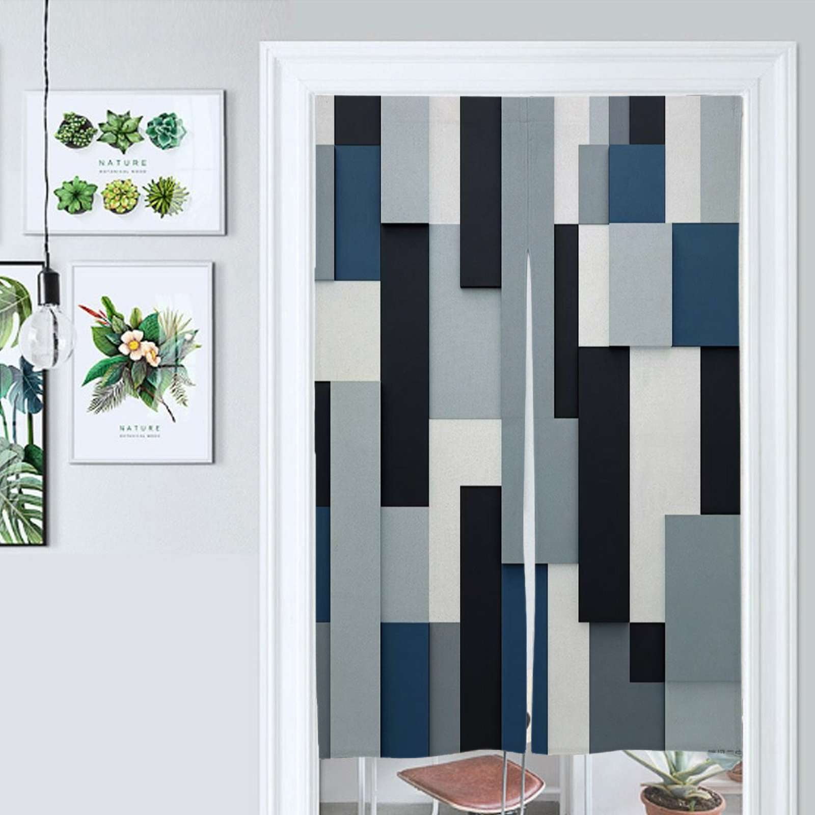 Blue And Black And Grey Squares Door Curtain Nordic Living Room ...