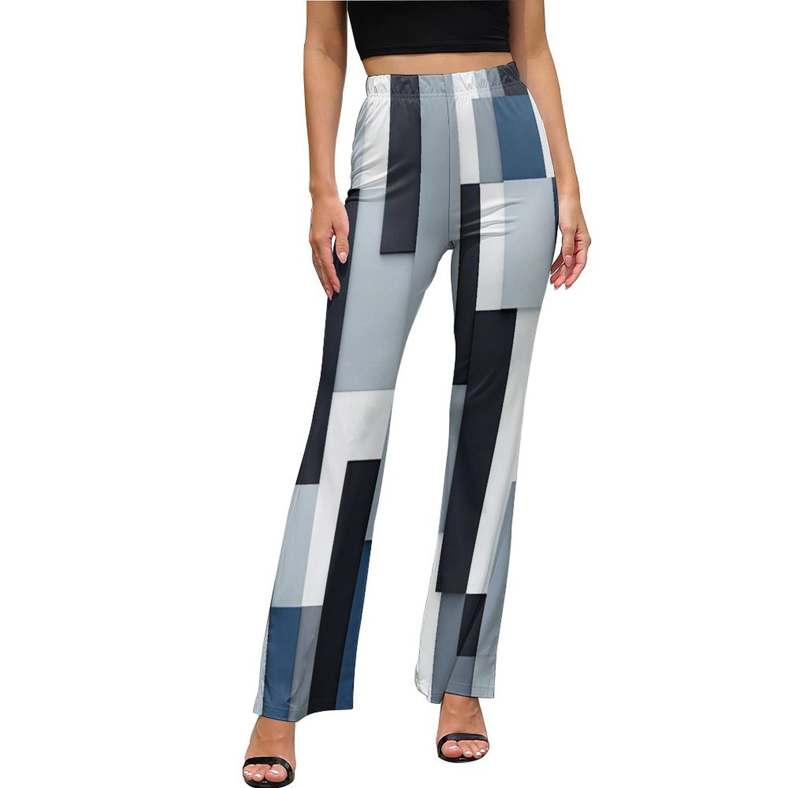 Blue And Black And Grey Squares High Waisted Casual Flared Trousers ...