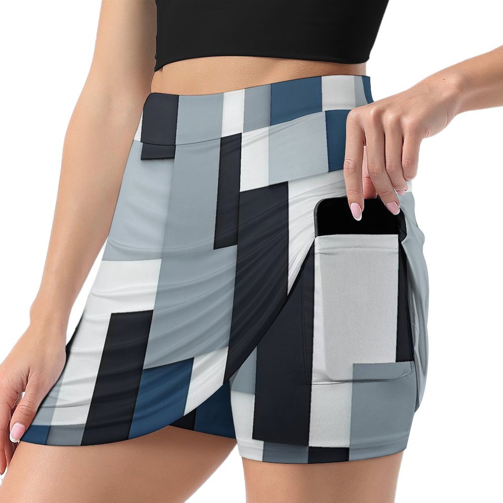 Blue And Black And Grey Squares Women's Shorts Non-Slip Single Pocket A ...