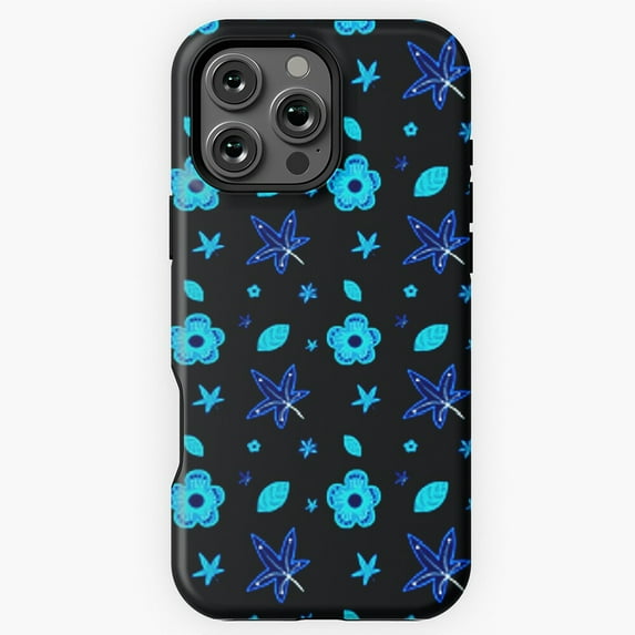 Blue And Black Leaf And Flower Pattern Phone Case for iPhone 16 15 14 ...