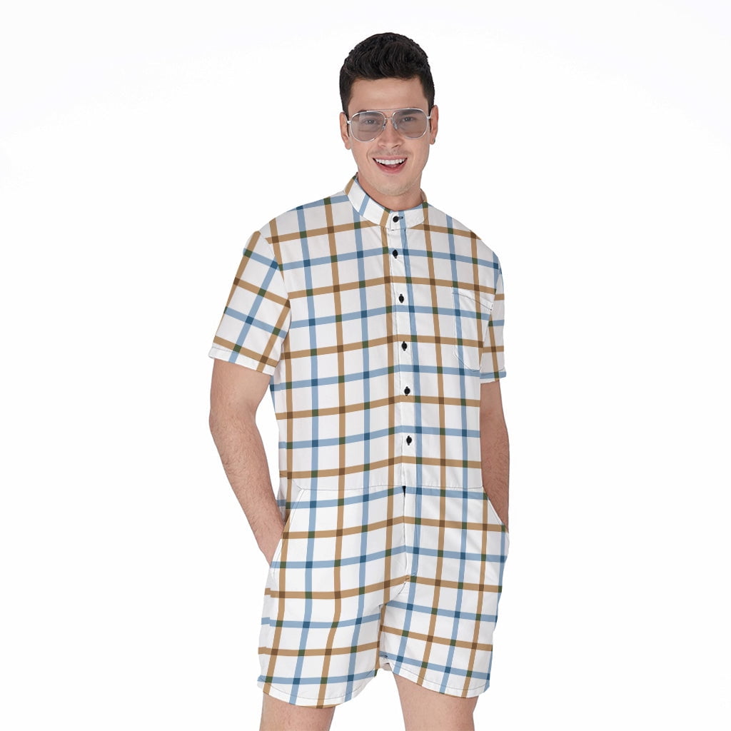 Blue And Brown Tattersall Pattern Short Sleeve Men'S Rompers Casual ...