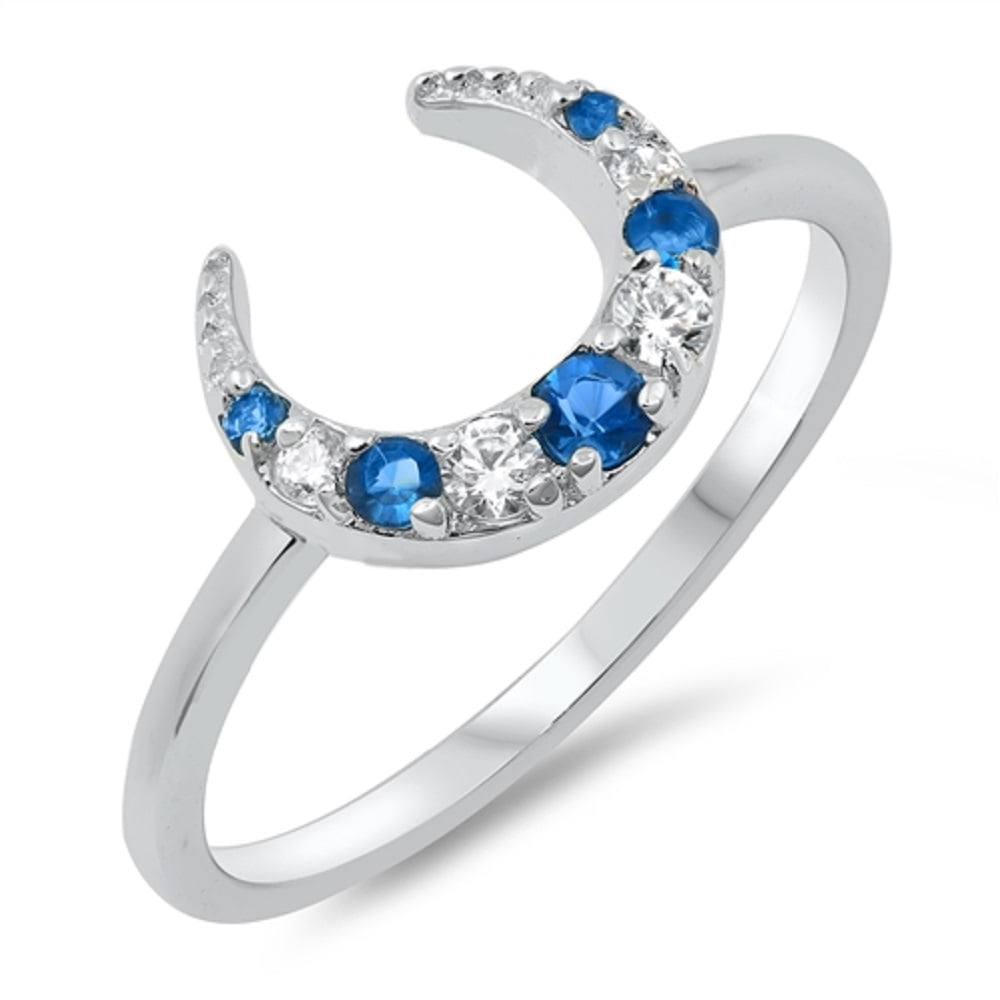 Blue And Clear Cubic Zirconia Crescent Moon Ring Sterling Silver Size 5 ...