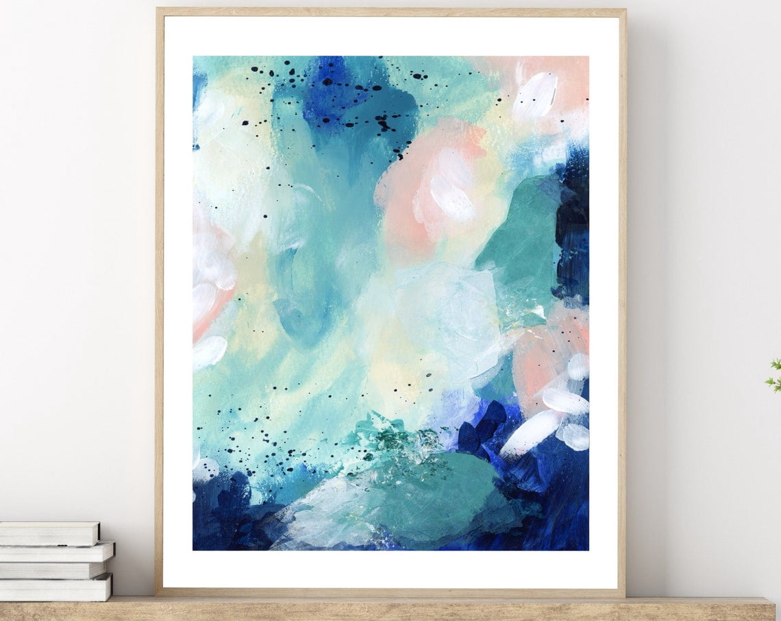 Blue And Coral Abstract Painting Wall Art Minimalist Turquoise Navy ...