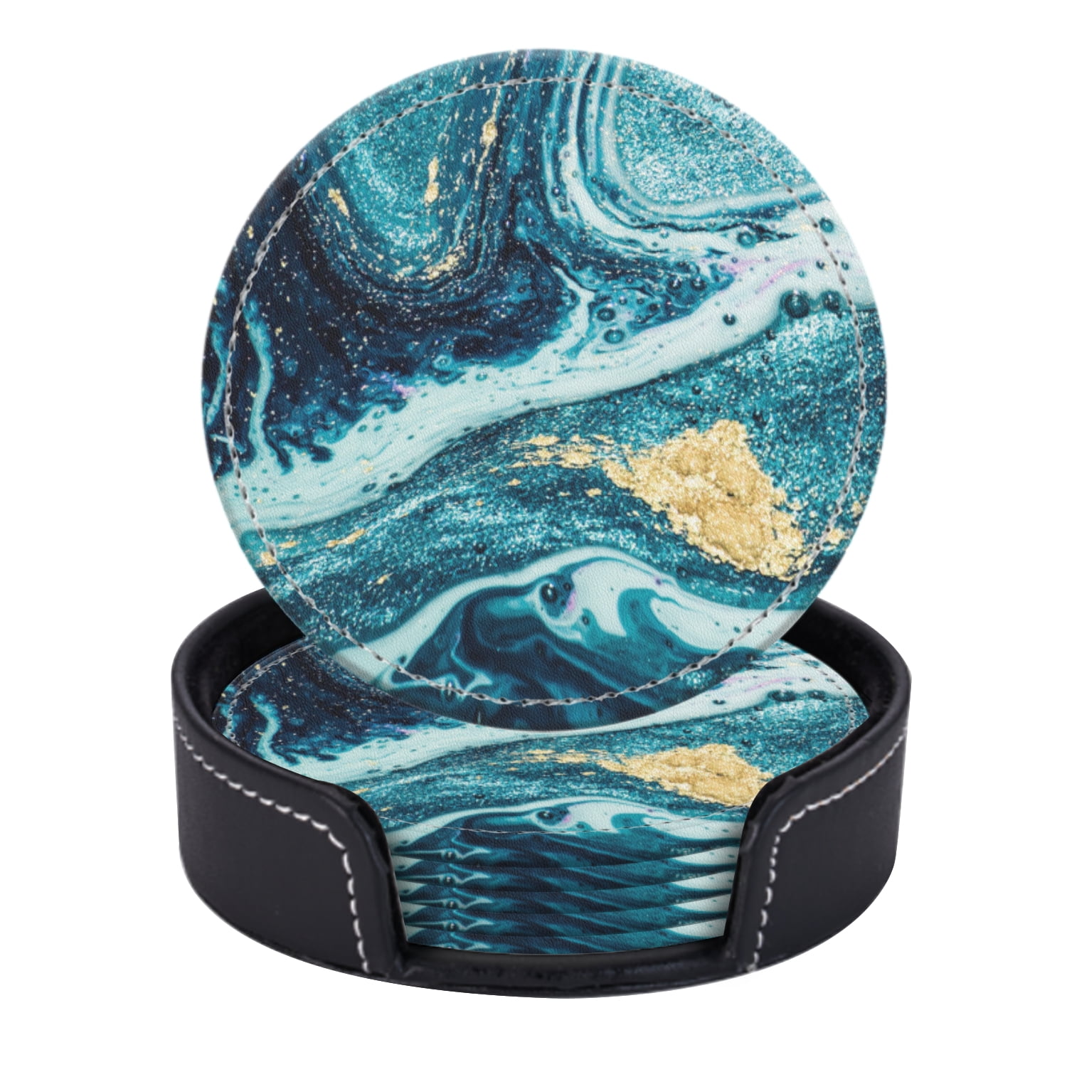PU Leather Coasters for Drinks Bar Beer,Set of 6 with Holder,Round ...