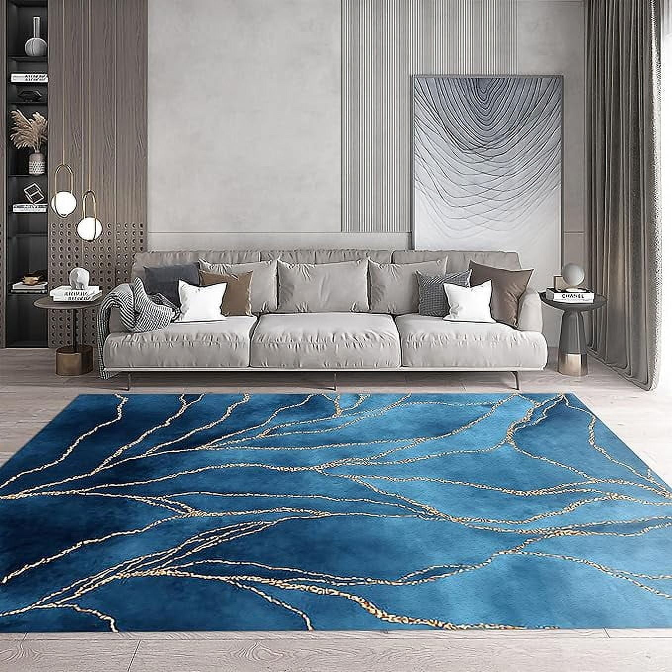 Blue And Gold Marble Area Rugs, Blue Gradient Gold Lines Soft Washable ...