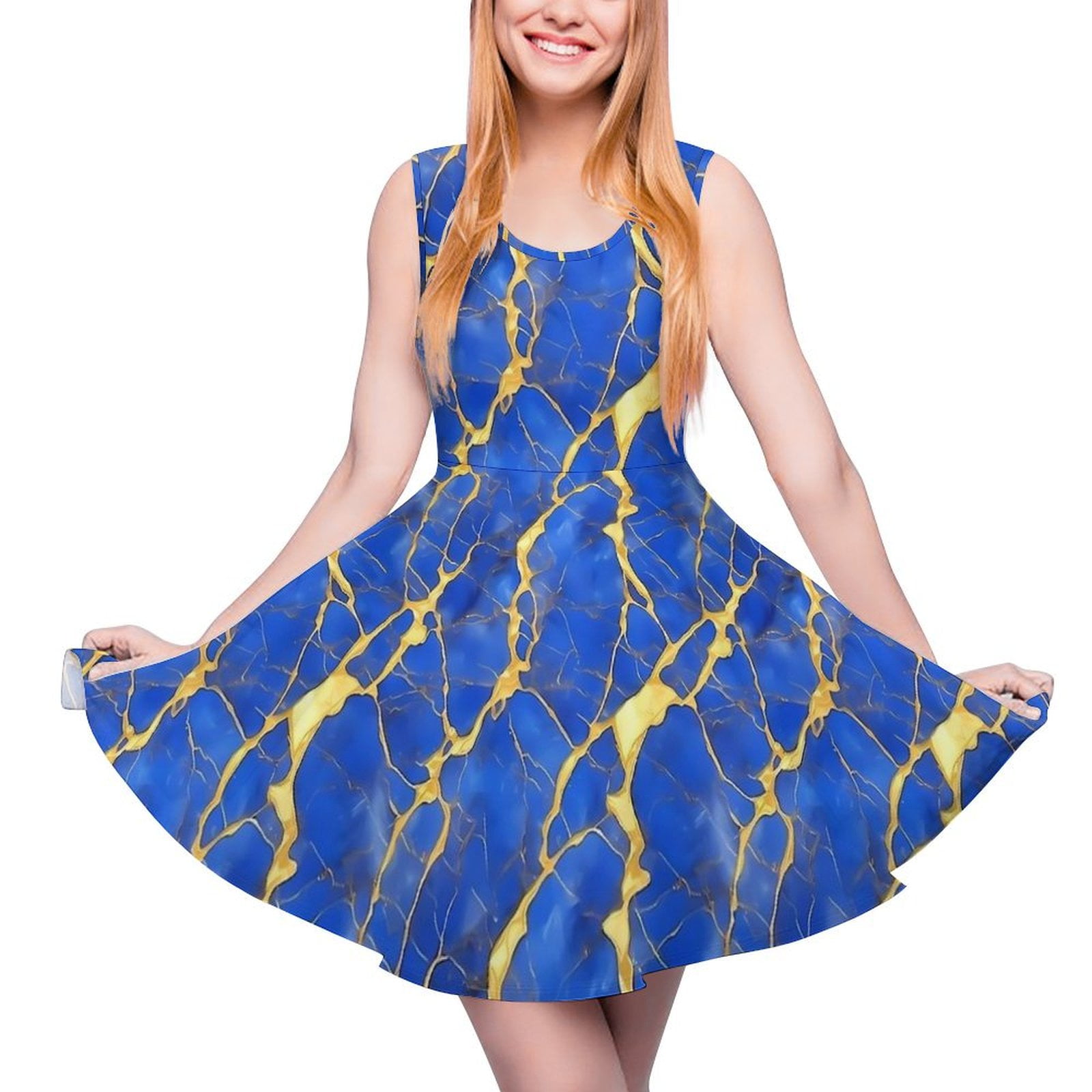 Blue And Gold Marble Swirls Art Dress Kawaii Dresses High Waist ...