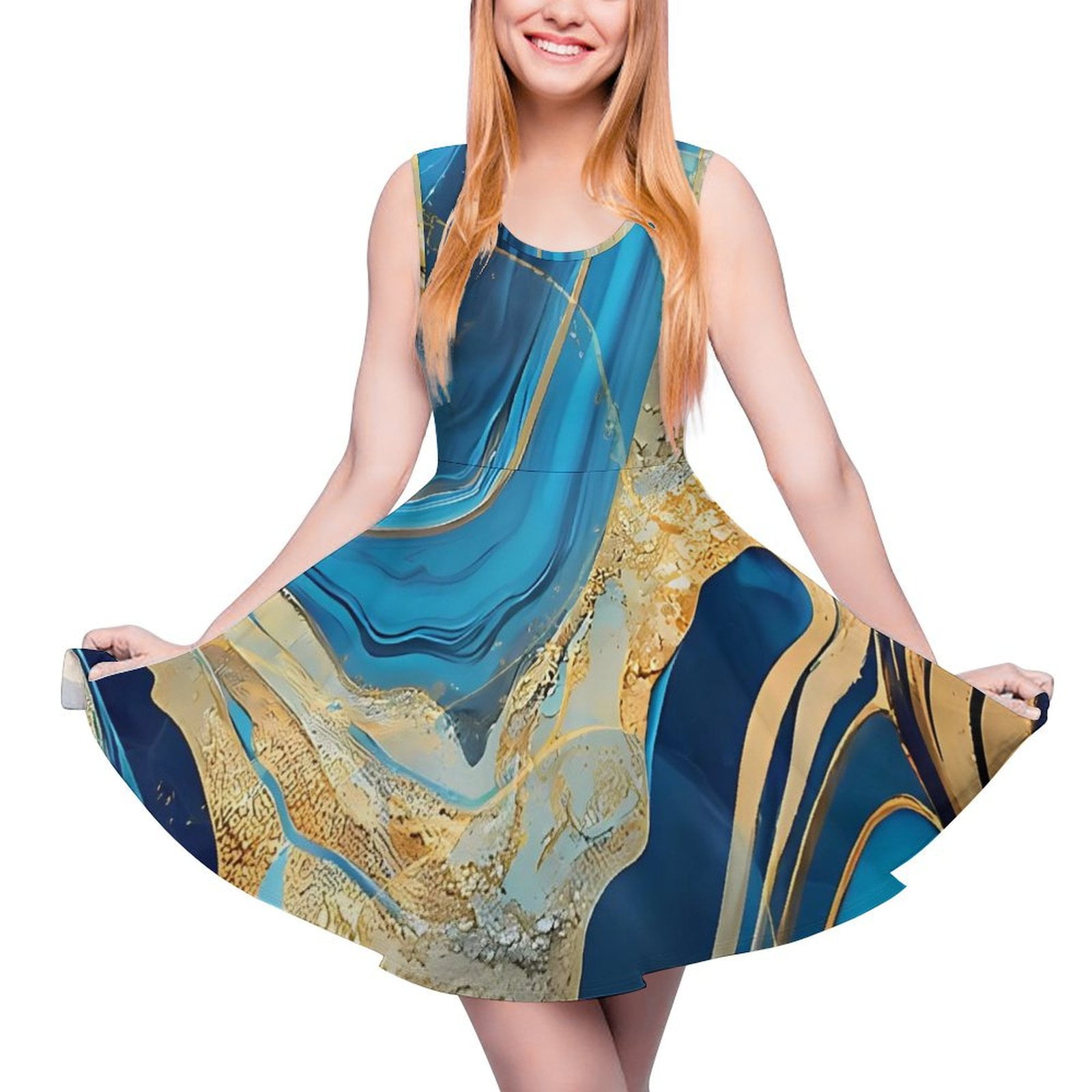 Blue And Gold Marble Swirls Art Dress Kawaii Dresses High Waist Aesthetic Custom Skate Dress ...