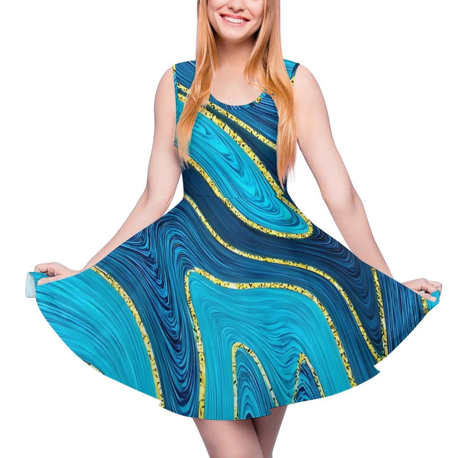Blue And Gold Marble Swirls Art Dress Kawaii Dresses High Waist ...