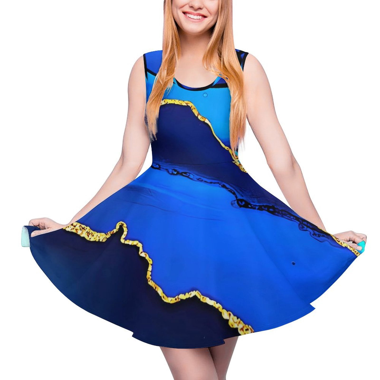 Blue And Gold Marble Swirls Art Dress Kawaii Dresses High Waist ...