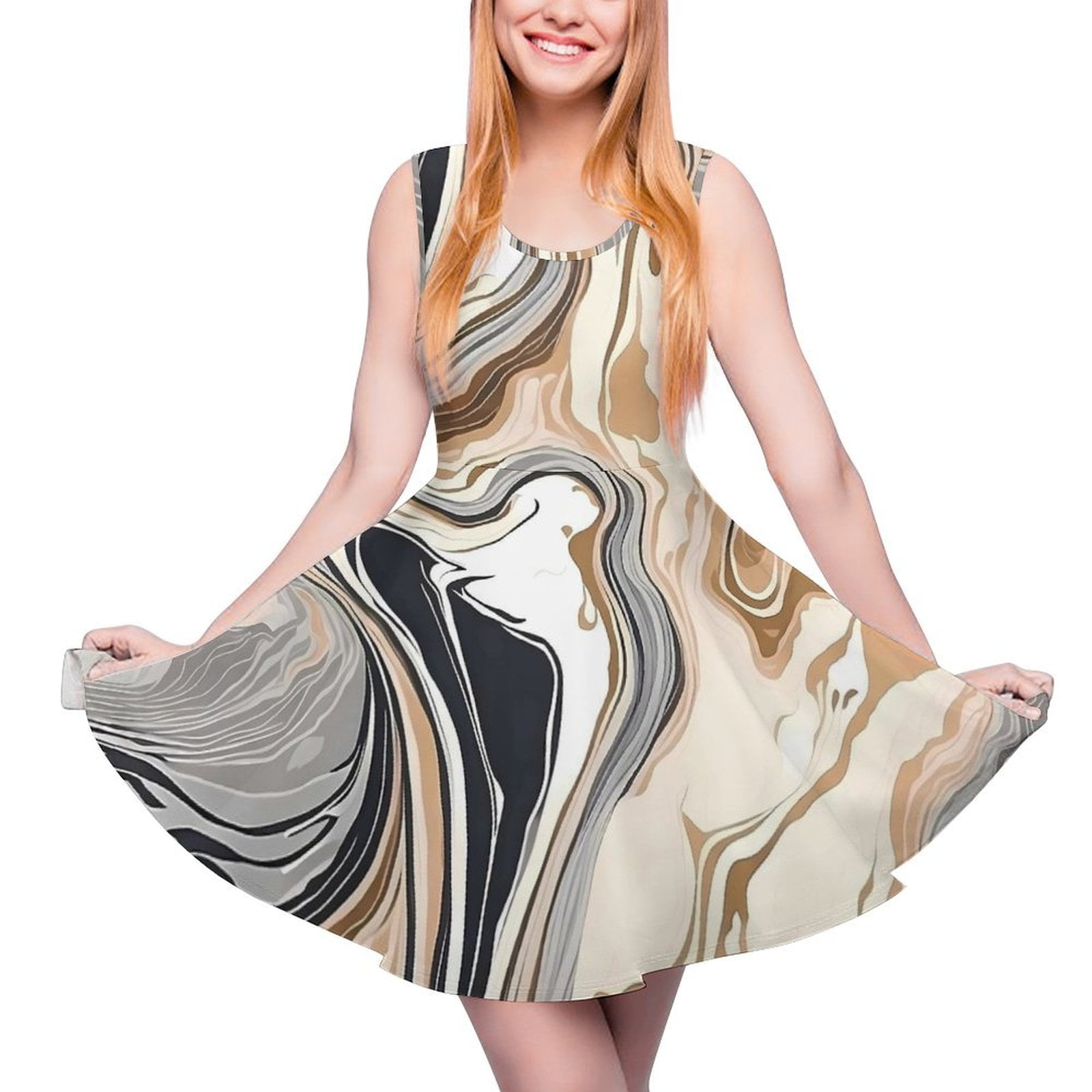 Blue And Gold Marble Swirls Art Dress Kawaii Dresses High Waist Aesthetic Custom Skate Dress ...