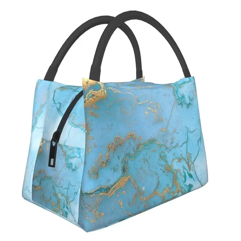 Blue And Gold Marble Texture Insulated Lunch Bags for Women Resuable ...