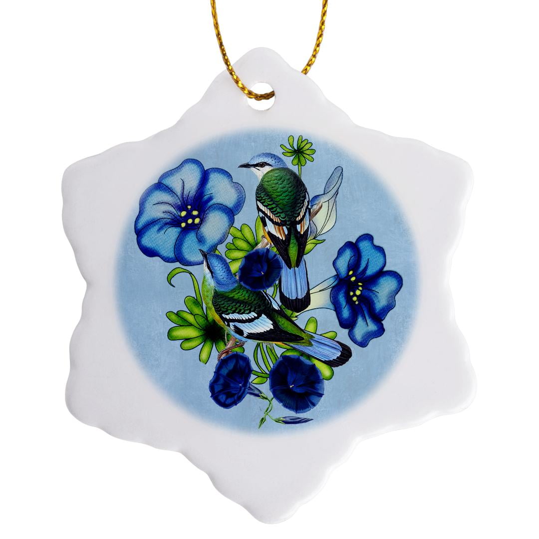 Blue And Green Cochoa Birds With Morning Glory Garden, 3 inch Snowflake ...