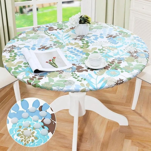Blue And Green Floral Leaf Print Round Fitted Tablecloth With Elastic ...
