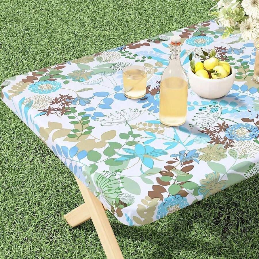 Blue And Green Floral Vinyl Tablecloth, Flannel Backed Waterproof ...