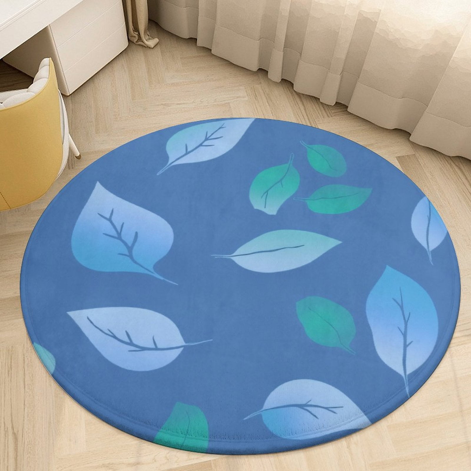 Blue And Green Leaf Pattern Round Area Rugs for Bedroom Living Room ...