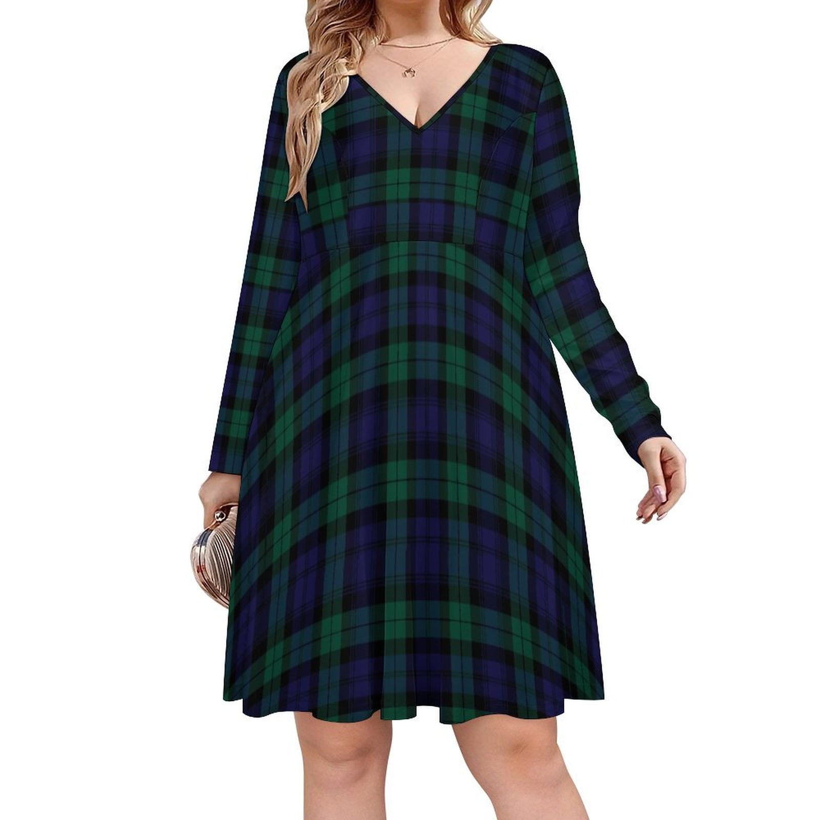 Blue And Green Plaid Long Sleeve Dresses For Women Vintage Elegant ...