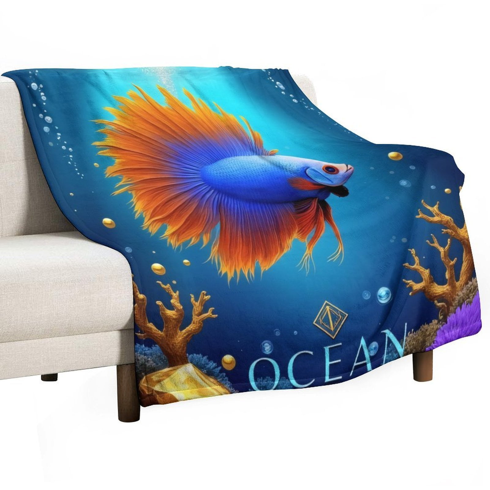 Blue And Orange Fish in Ocean Scene Blanket Soft Cozy Flannel Blanket ...