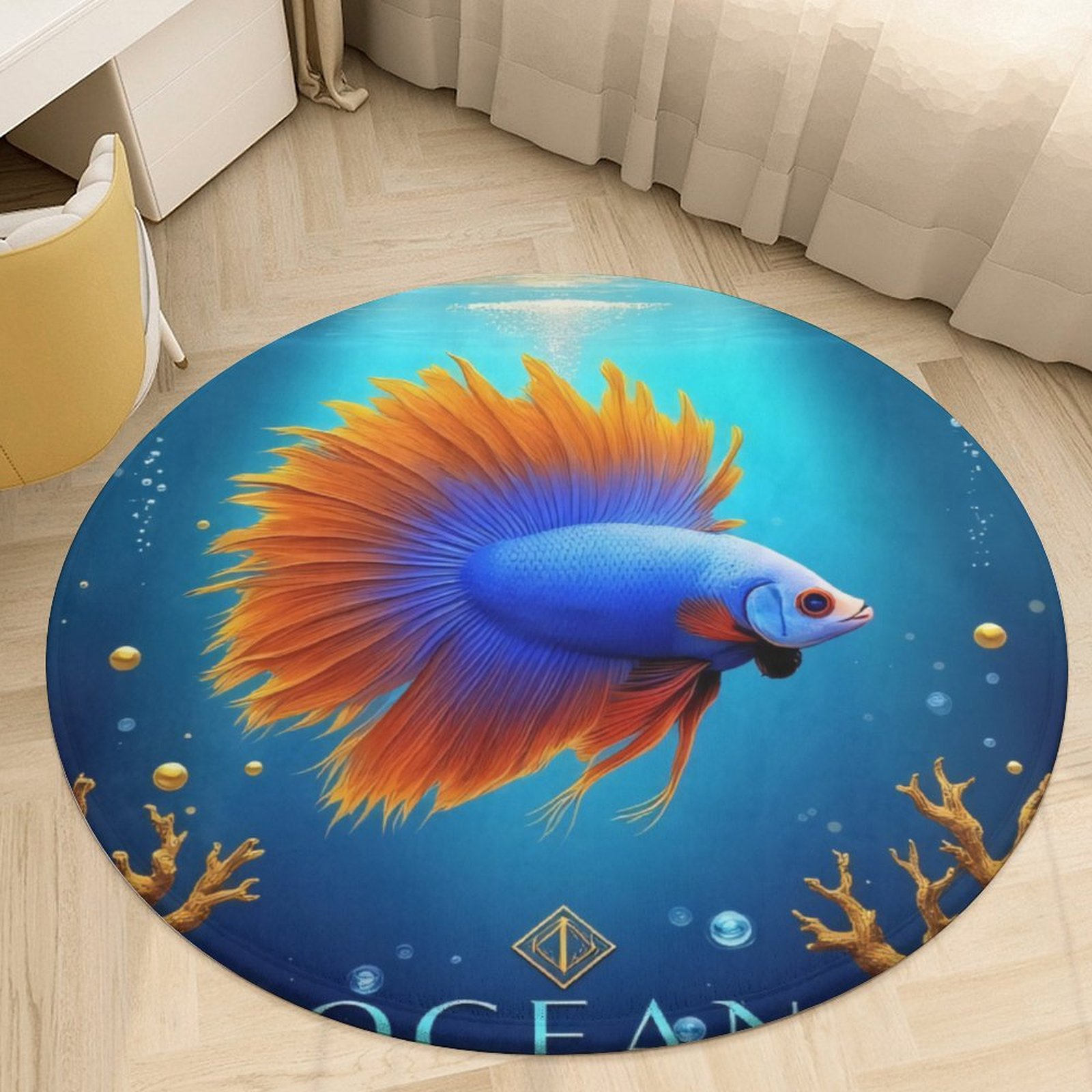 Blue And Orange Fish in Ocean Scene Round Area Rugs for Bedroom Living ...