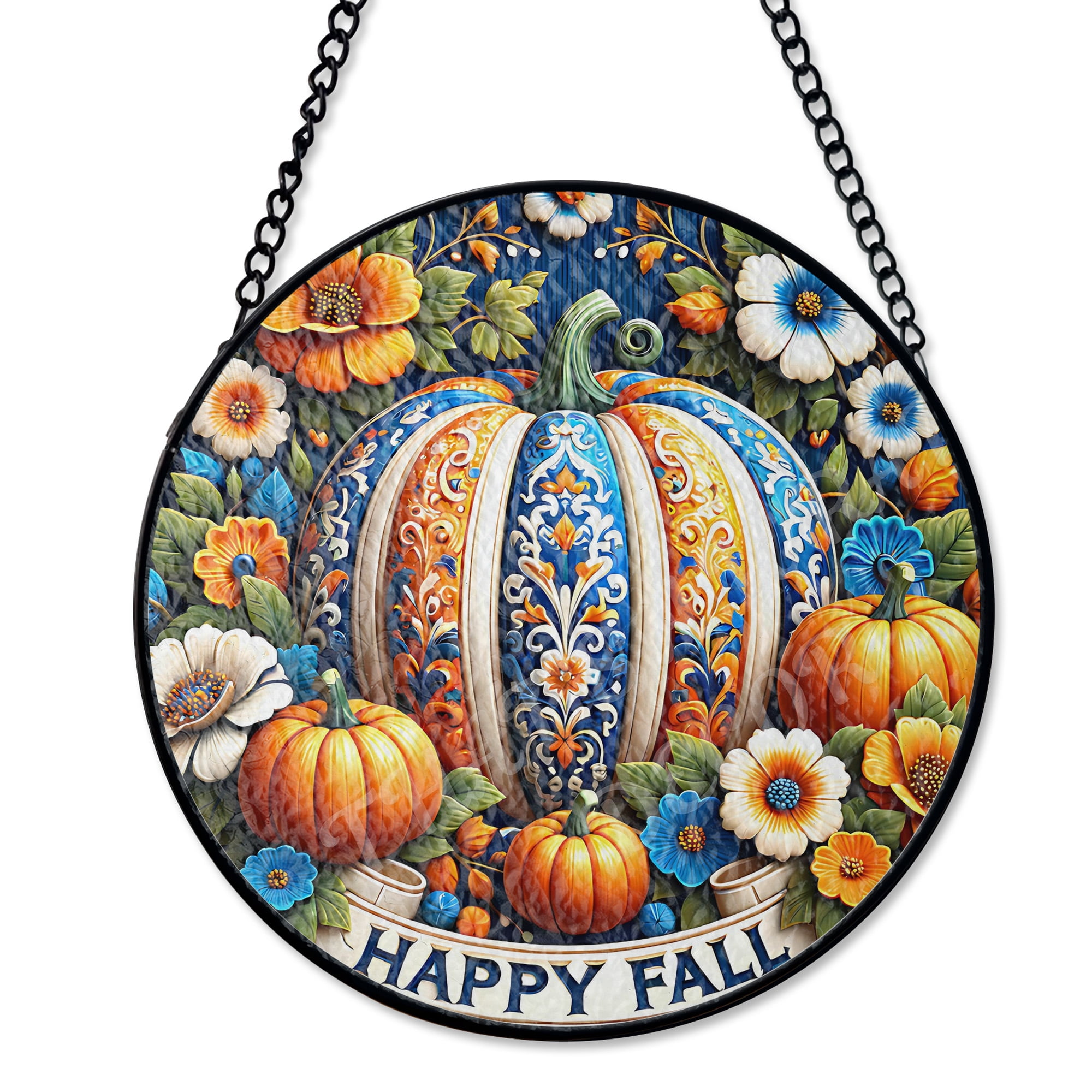Blue And Orange Pumpkins Fall Stained Glass Style Suncatcher, UV ...