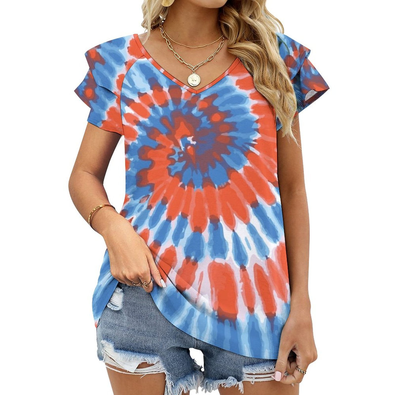 Blue And Orange Tie-Dye Lotus Leaf Neck Women'S T-Shirt Cute Elegant Tops Tees Long Sleeve T ...