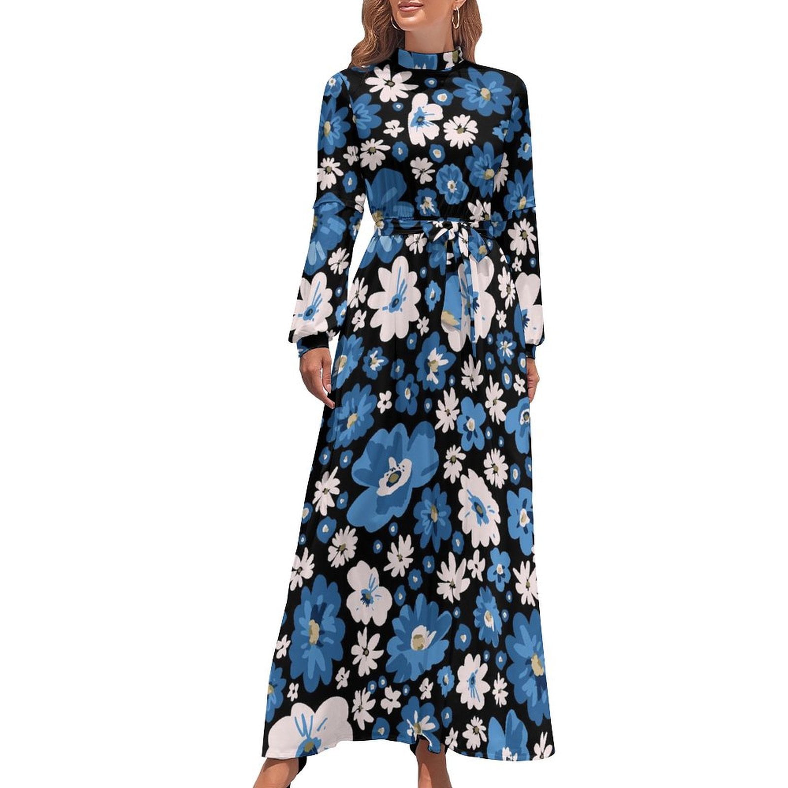 Blue And Pink Daisies Dress Vintage Floral Elegant Maxi Dress Street ...