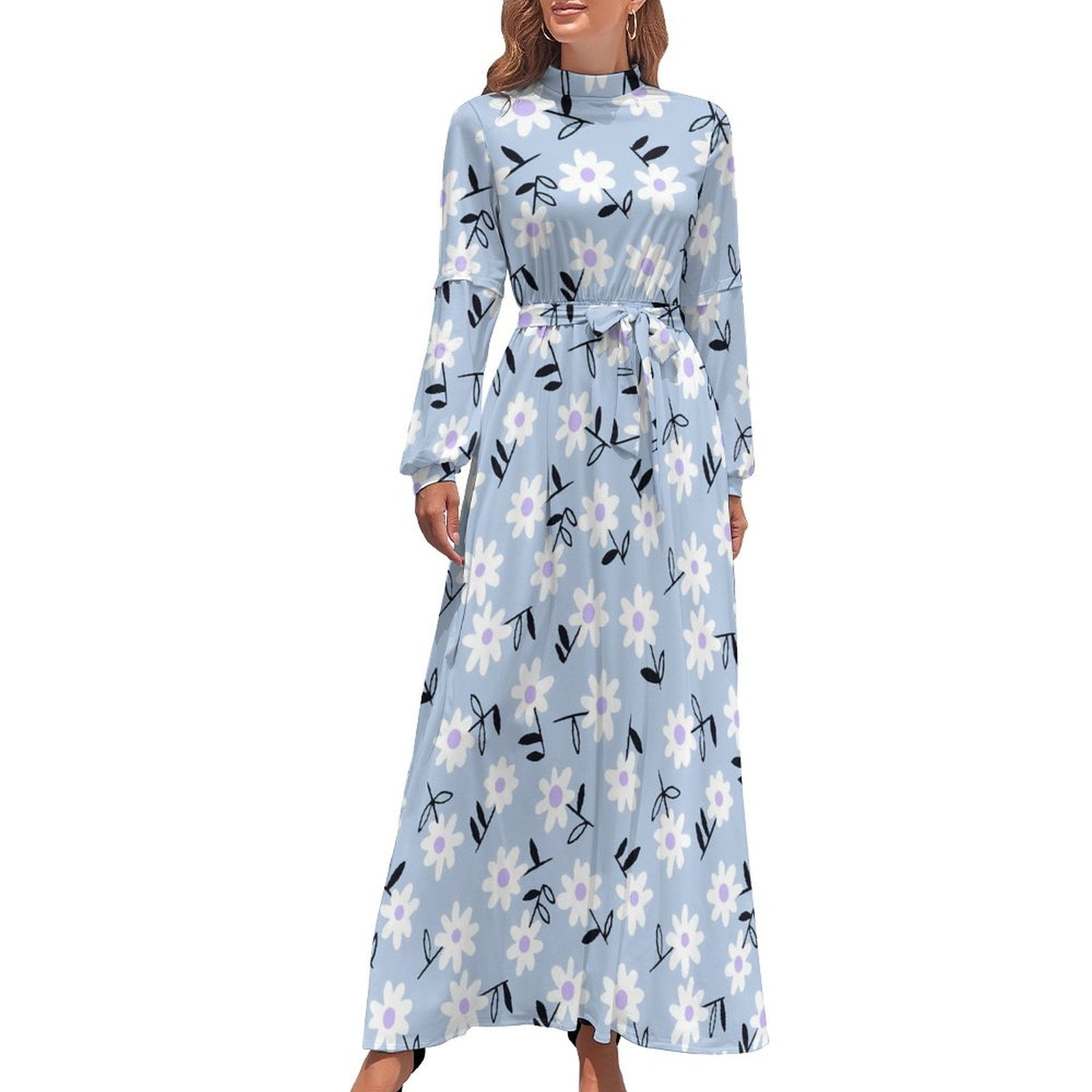 Blue And Pink Daisies Dress Vintage Floral Elegant Maxi Dress Street ...