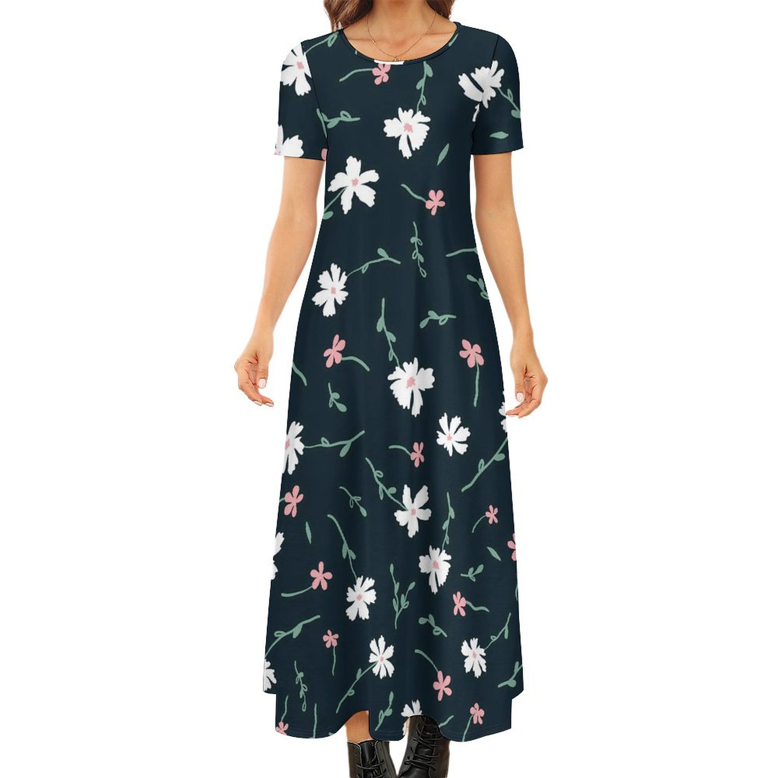 Blue And Pink Daisies Dress Vintage Floral Modern Maxi Dress Woman ...