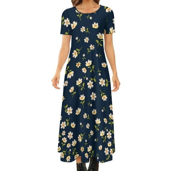 Blue And Pink Daisies Dress Vintage Floral Modern Maxi Dress Woman ...