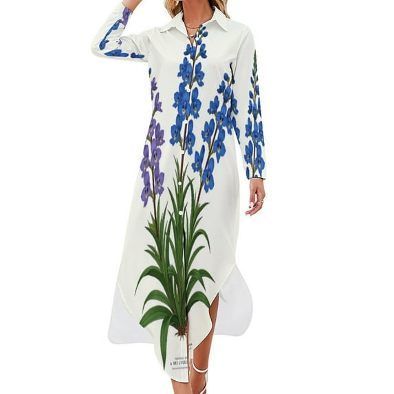 Blue And Purple Floral Illustration Shirt Dress Long Sleeve Street ...