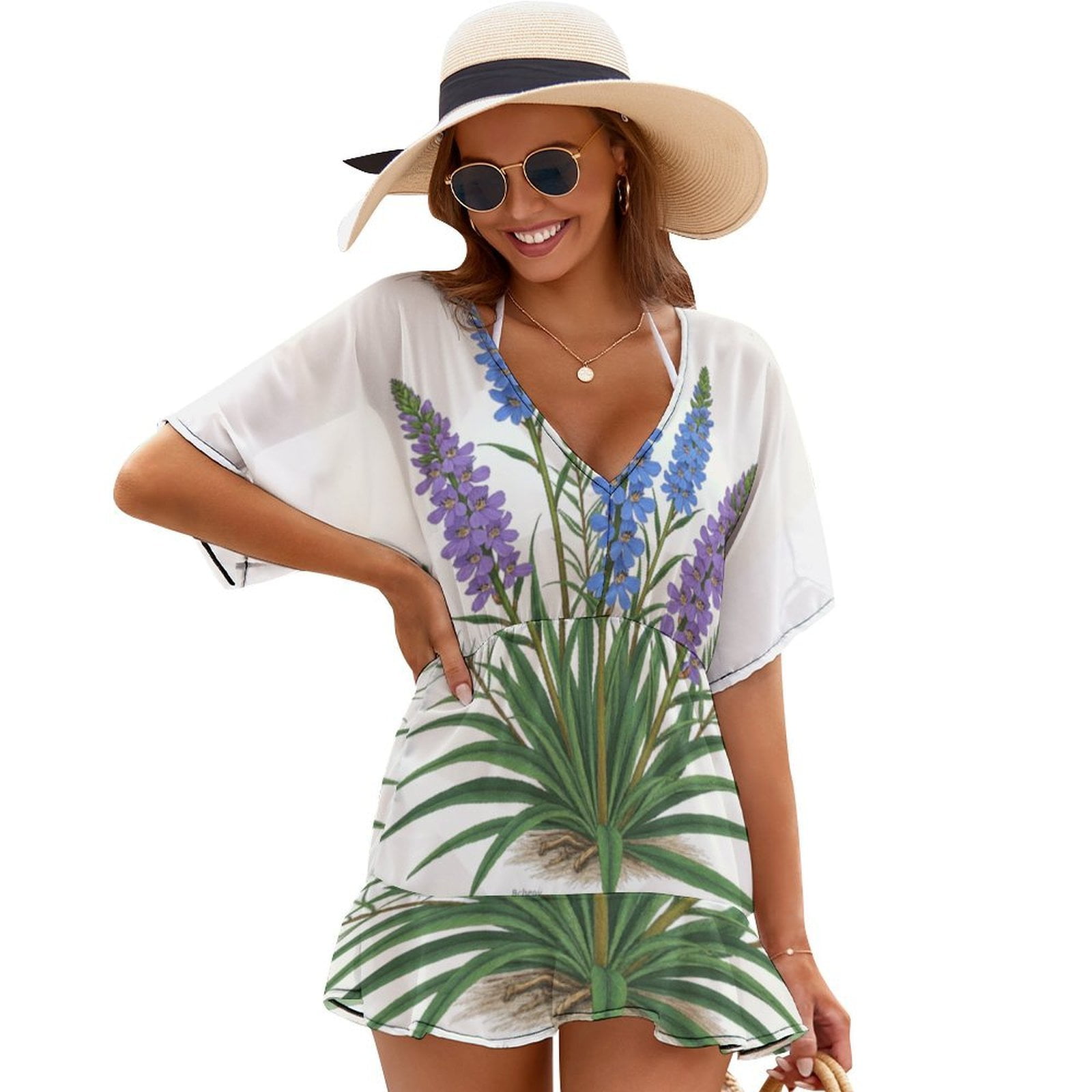 Blue And Purple Flowers Growing Beach Cover Ups Women V Neck Short ...