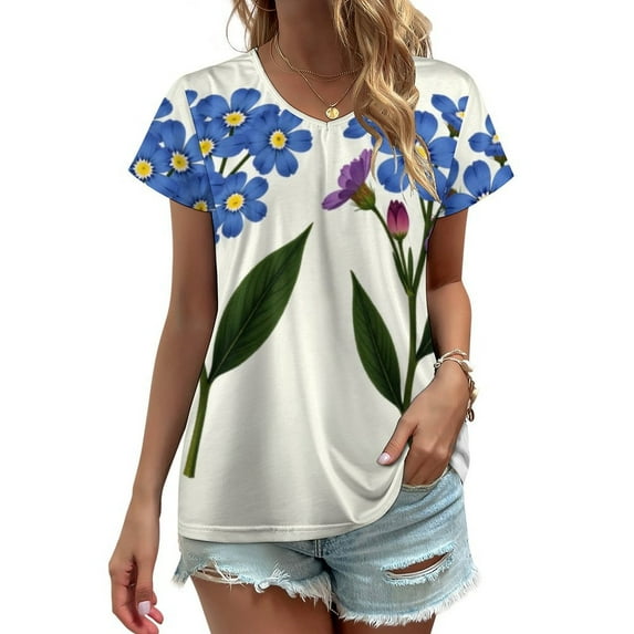 Blue And Purple Flowers Illustrated Women's Blouse Short Sleeve Women's ...