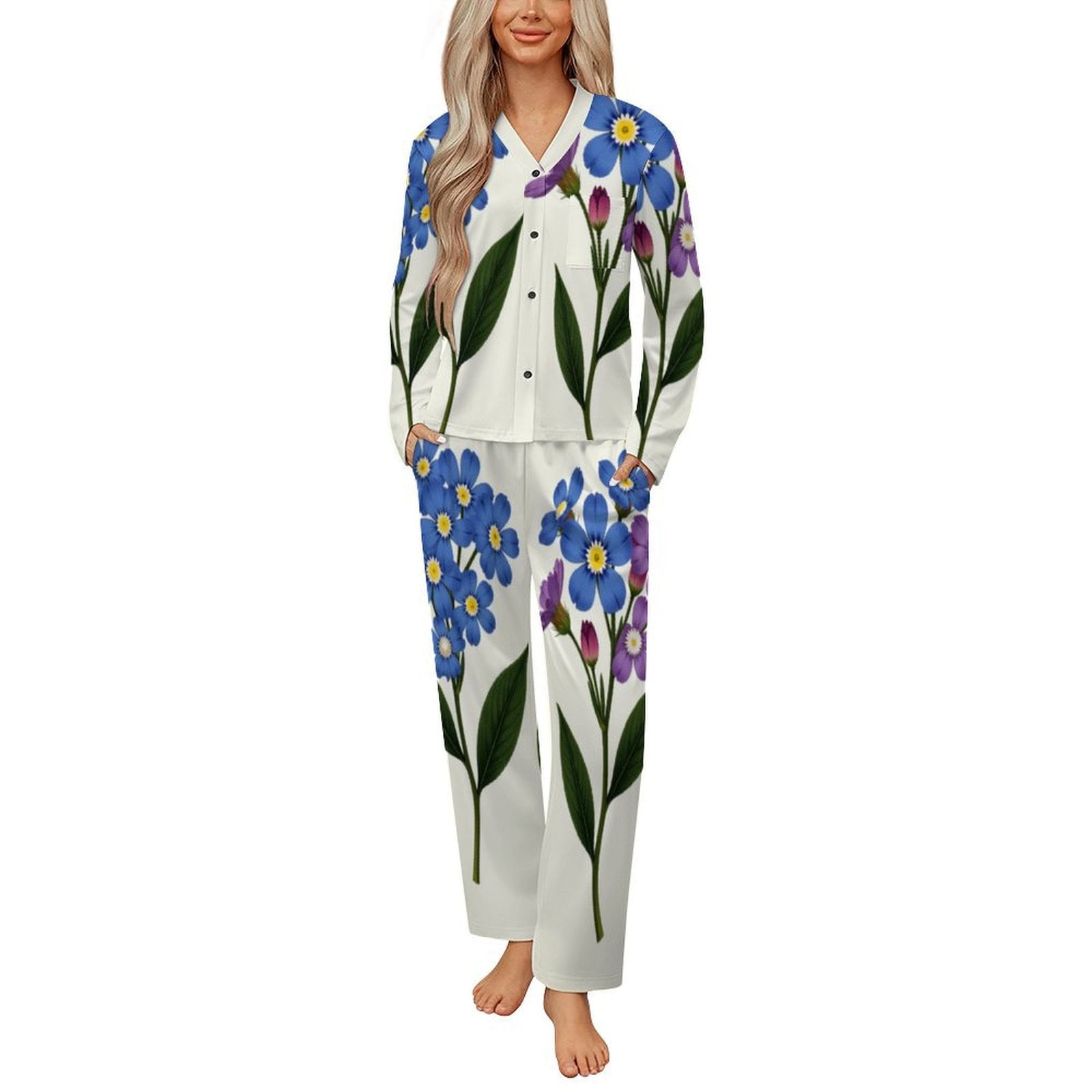 Blue And Purple Flowers Illustrated Womens Pyjamas Set Button Up ...