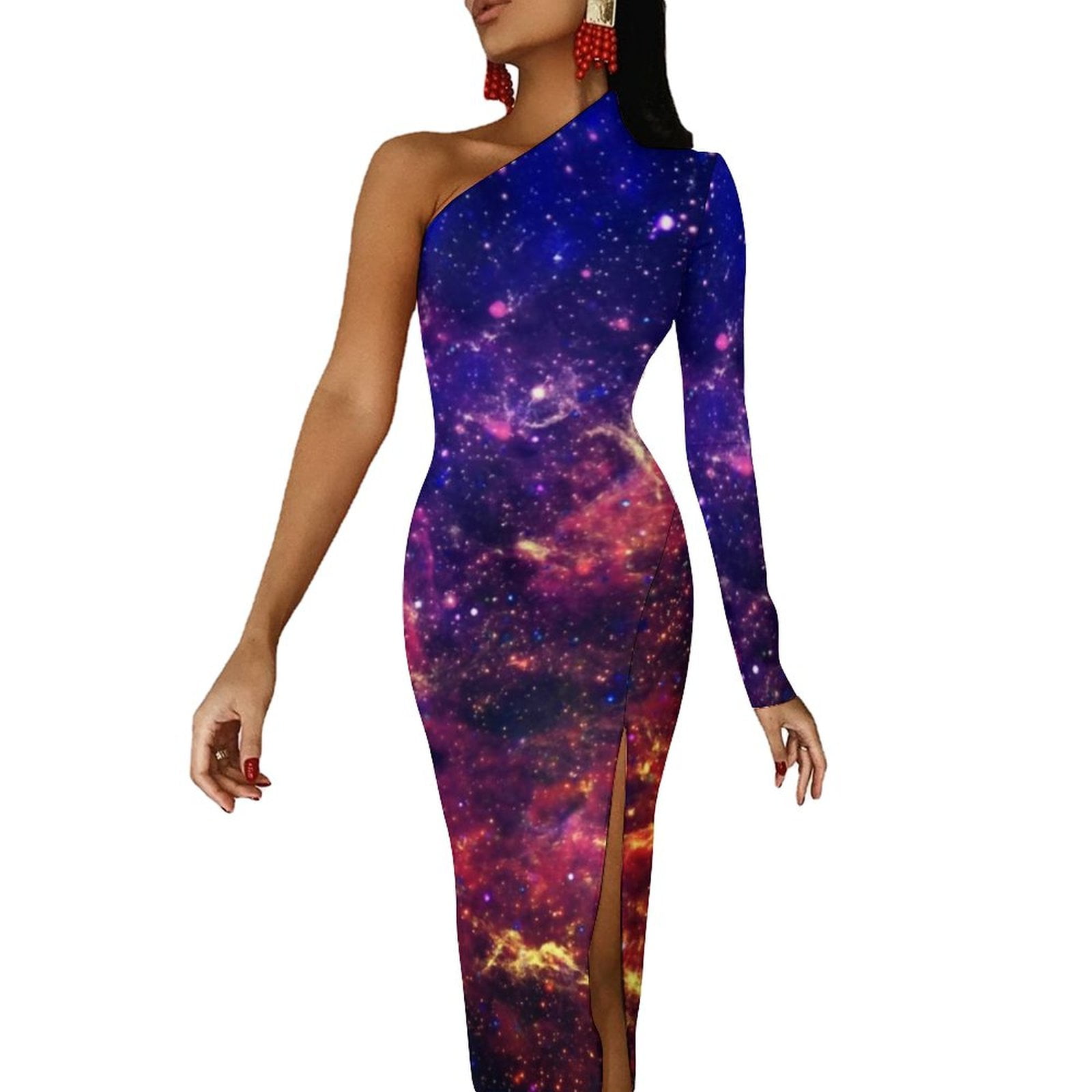 Blue And Purple Galaxy Long Dress Cosmic Neon Print Party Maxi Dress ...