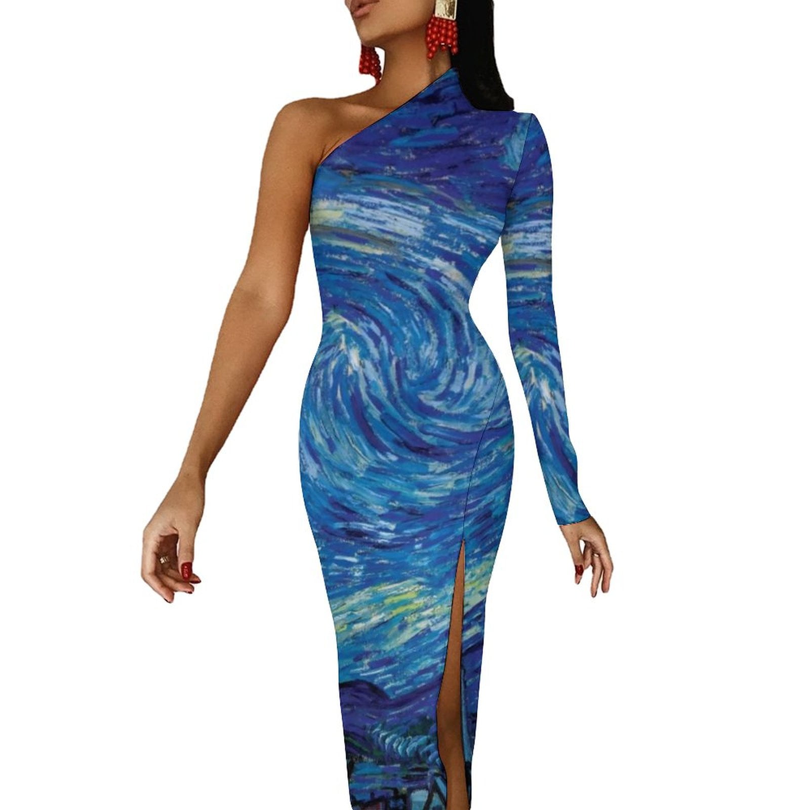 Blue And Purple Galaxy Long Dress Neon Print Party Maxi Dress Autumn ...