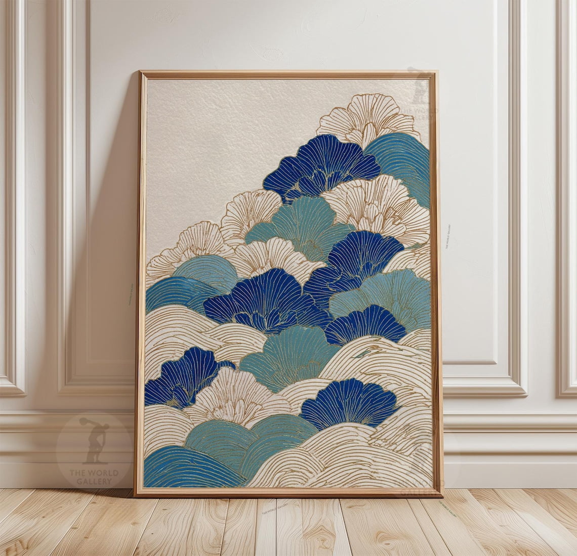 Blue And Teal Botanical Poster Japanese Wave Pattern Illustration ...